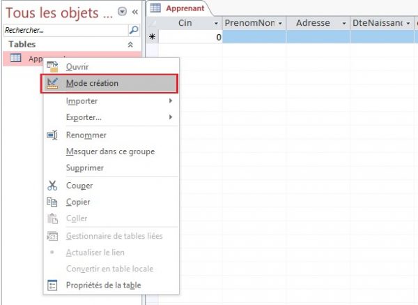 Créer, modifier une table Access – apcpedagogie
